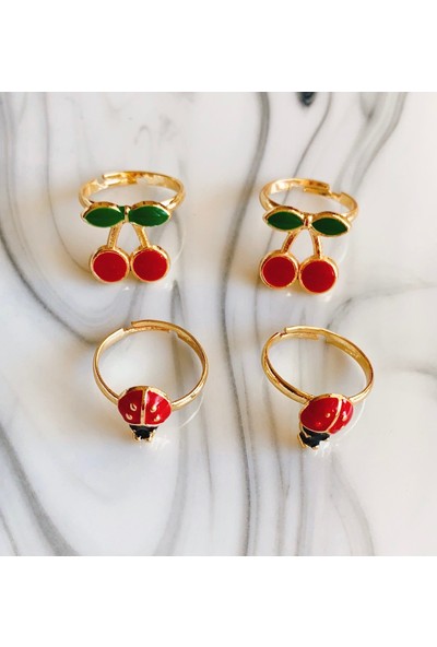 Yeşim Aksesuar 4 Adet Ayarlanabilir Kız Çocuk Yüzük, Kirazlı Yüzük