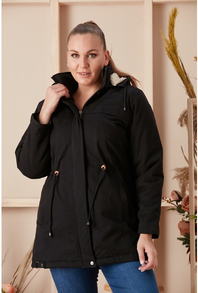 Rmg Bel Bağcık Detaylı Kapşonlu Büyük Beden Siyah Kaban