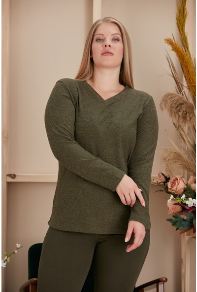 Rmg V Yaka Büyük Beden Triko Haki Kazak