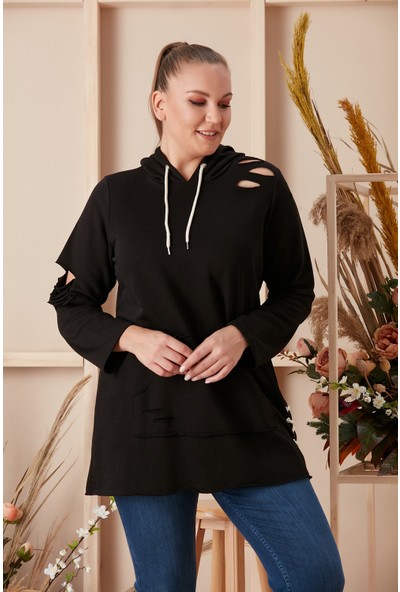 Rmg Kanguru Cepli Yırtıklı Büyük Beden Siyah Sweatshirt