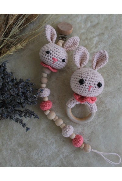 Naz Amigurumi Organik Diş Kaşıyıcı Çıngırak ve Emzik Zinciri