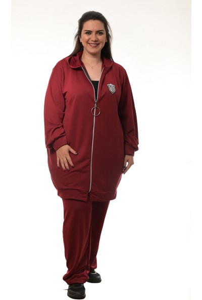 Işıltı fashion Bordo Rekli Oversize Kapüşonlu Büyük Beden Eşofman Takımı