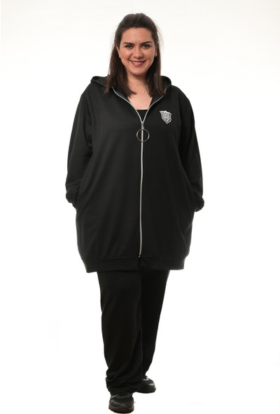 Işıltı fashion Siyah Rekli Oversize Kapüşonlu Büyük Beden Eşofman Takımı