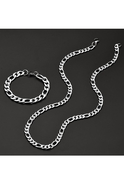 X-lady Accessories Erkek Bileklik ve Kolye Zincir Set Gümüş Renk