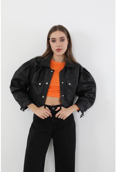 Lime Balon Kol Deri Ceket-Siyah