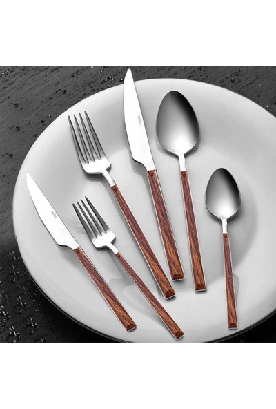 Nehir Bambu Ahşap Görünümlü 36 Parça Çatal Kaşık Bıçak Takımı