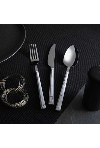 Nehir Flore Parlak Beyaz Mermer 36 Parça Çatal Bıçak Kaşık Takımı