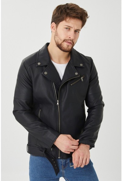 Gavazzi Erkek Siyah Deri Içi Kürklü Su ve Rüzgar Geçirmez Deri Mont