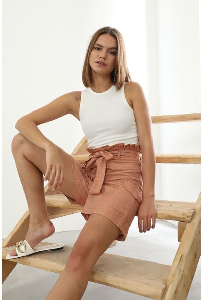 Foremia Kuşaklı Keten Şort-Kiremit Foremia Kuşaklı Keten Şort-Kiremit