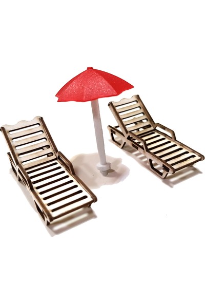 Vox Art 3'lü Maket Ahşap Şezlong & Şemsiye 1:50 Ölçek (Vım-50)