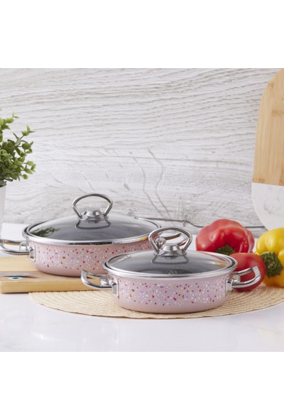 Karaca Emaye Terazzo Pembe 2'li Sahan Set Karaca Emaye Terazzo Pembe 2'li Sahan Set