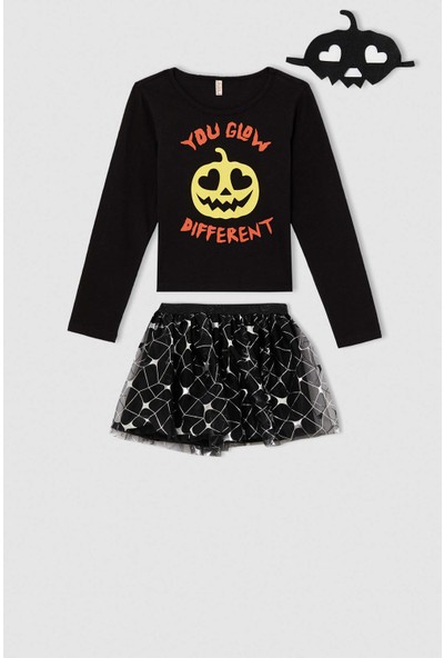 DeFacto Kız Çocuk Halloween Temalı Balkabağı Baskılı Uzun Kollu Tişört Tütü Etek Ve Maske Takım V7269A621WN