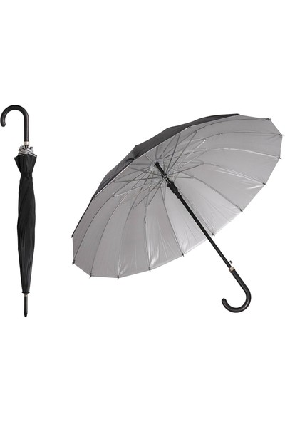 Moda Yedi 16 Telli Dışı Siyah Içi Gümüş Renk, Baston Şemsiye Moda Yedi 16 Telli Dışı Siyah Içi Gümüş Renk, Baston Şemsiye