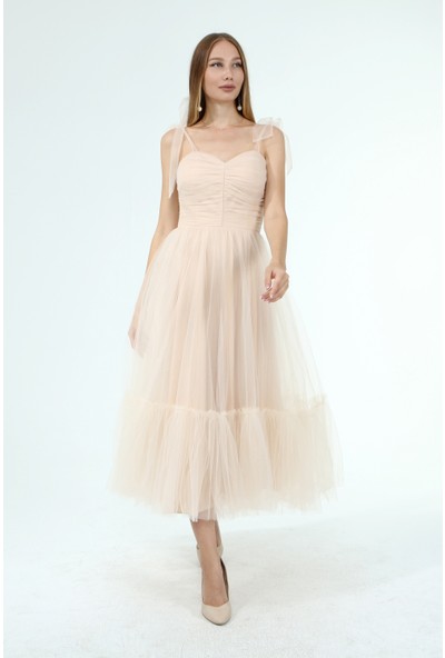 Asees Omuzları Bağlamalı Tül Abiye Elbise