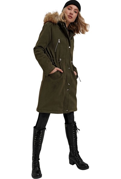 Butikburuc Kadın Haki Kürklü Süet Kaban