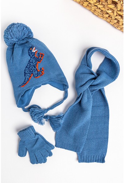 Babymod Dino Desenli Erkek Çocuk Üçlü Atkı Bere Eldiven Takımı