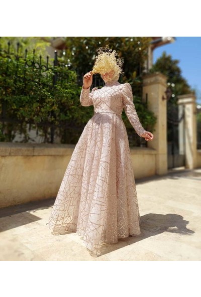 Fahrettin Moda 8240 Bej Geometrik Desenli Simli Tül Tesettür Abiye Fahrettin Moda 8240 Bej Geometrik Desenli Simli Tül Tesettür Abiye