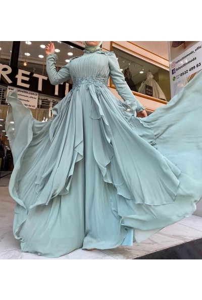 Fahrettin Moda 15655 Mint Yeşili Güpürlü Tesettür Abiye