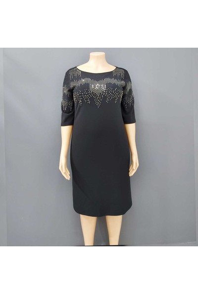 Fahrettin Moda 320 Siyah Sıfır Yaka Krep Elbise & Anne Abiye