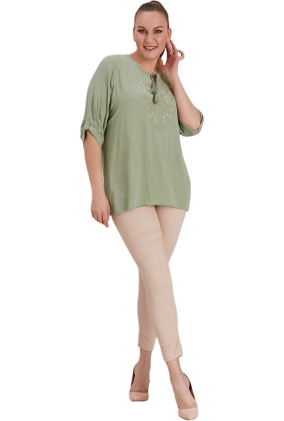 Günay Kadın Bluz RG4312 Yuvarlak Yaka Katlanır Kol