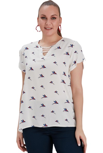 Günay Kadın Büyük Beden Bluz RG4518 Yuvarlak Yaka Detay Düşük Kol Spor Desen Ilkbahar Yaz Kırmızı