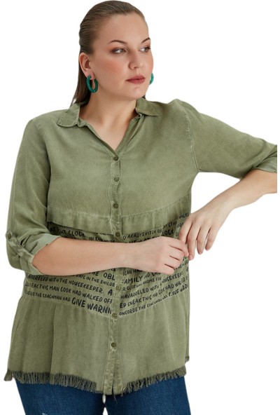 Günay Kadın Gömlek RG4074 Katlanır Kol Spor Yazılı