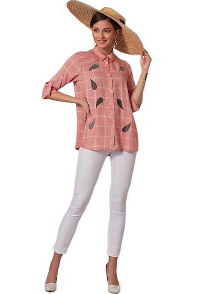 Günay Kadın Gömlek RG4181 Ekose Spor Yaprak Desen