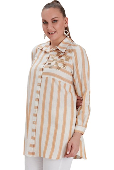 Günay Kadın Gömlek RG4623 Çizgili Yarım Kol Payet Detay Uzun