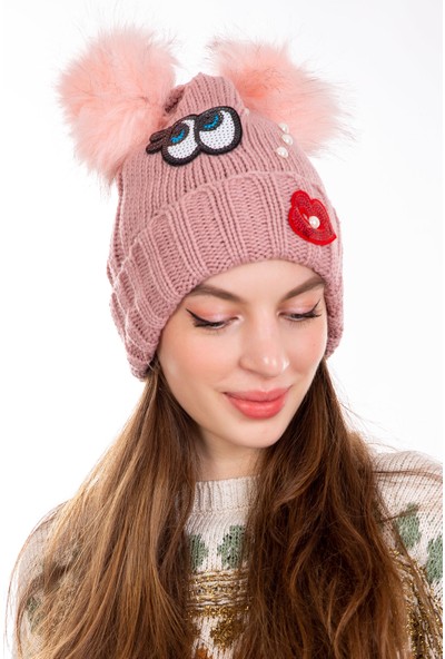 Trend Bere Çift Ponponlu Taşlı Bere