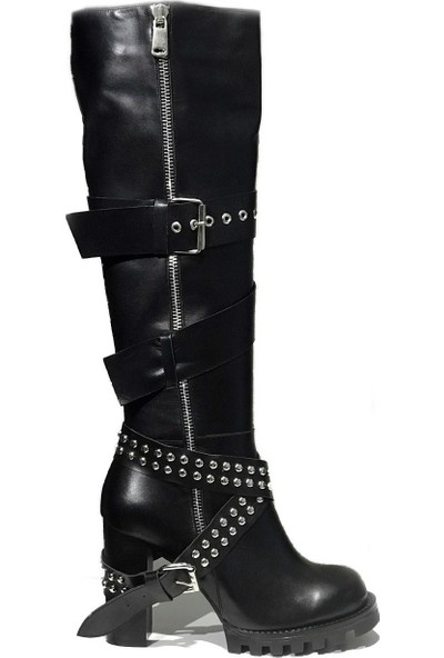 Trendytopuk Siyah Deri Topuklu Çizme - Macy