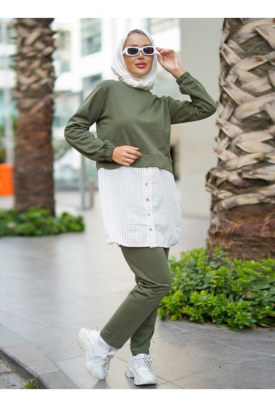 Por La Cara Beden Basen Kısmı Gömlek Kareli Ikili Takım - Haki - Por La Cara