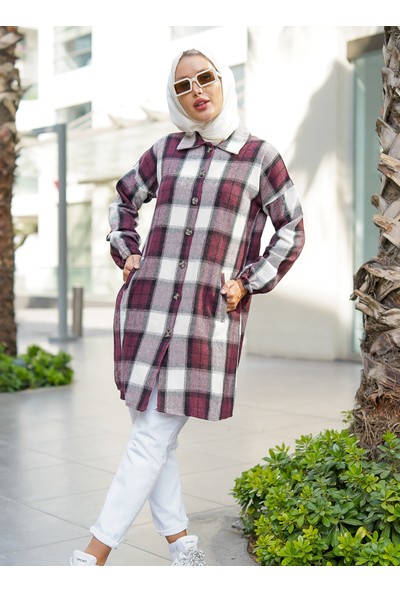 Por La Cara Yandan Çift Cepli ve Boydan Düğmeli Oduncu Ekose Gömlek Uzun Tunik - Bordo - Por La Cara