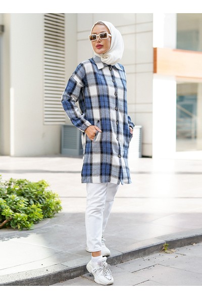 Por La Cara Yandan Çift Cepli ve Boydan Düğmeli Oduncu Ekose Gömlek Uzun Tunik - Indigo - Por La Cara Por La Cara Yandan Çift Cepli ve Boydan Düğmeli Oduncu Ekose Gömlek Uzun Tunik - Indigo - Por La Cara