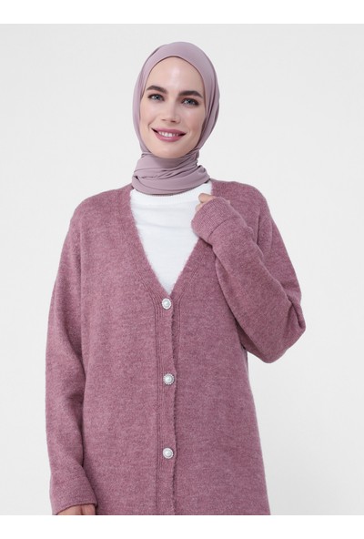 Refka Inci ve Taş Düğmeli Triko Hırka - Gül Kurusu - Refka Woman Refka Inci ve Taş Düğmeli Triko Hırka - Gül Kurusu - Refka Woman