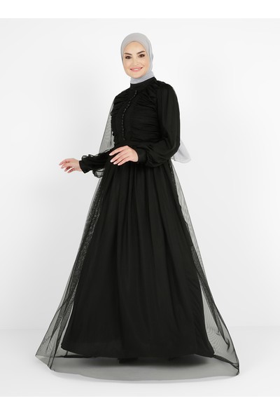 Tavin Payet Detaylı Tüllü Abiye Elbise - Siyah - Tavin