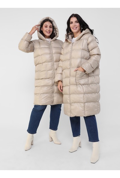Alia Büyük Beden Kapüşonlu Kaban - Bej - Alia Alia Büyük Beden Kapüşonlu Kaban - Bej - Alia