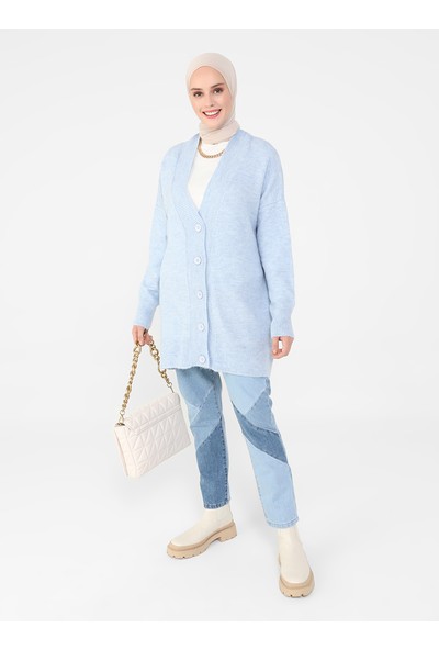 Refka Düğme Detaylı Triko Hırka - Mavi - Refka Casual
