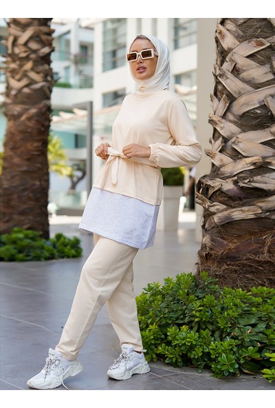 Por La Cara Belinden Kuşaklı Etek Kısmı Garnili Ikili Takım - Taş - Por La Cara