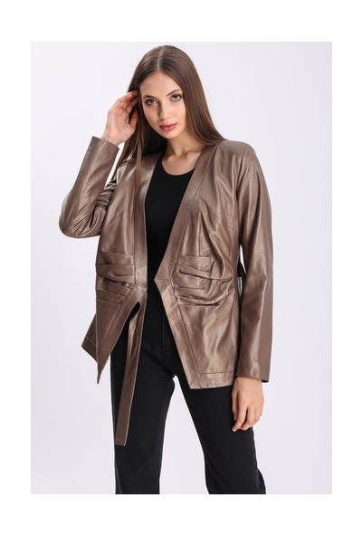 Deri Effect Kadın Siyah Hakiki Deri Bağlama Detaylı Blazer Ceket