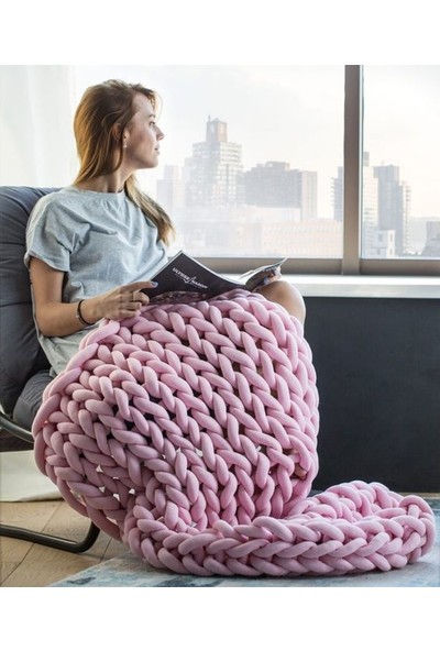 Burden Iskandinav Tarzı,tonsberg, Pudra Pembe Renk Kalın Ip Örgülü Chunky ( Tv & Diz Battaniyesi) , Tek Kişilik