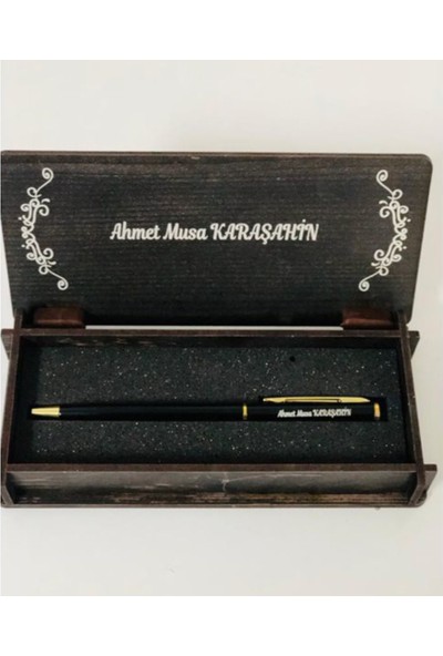 Hediyelza İsme Özel Ahşap Kutulu Kalem Siyah - Beyaz