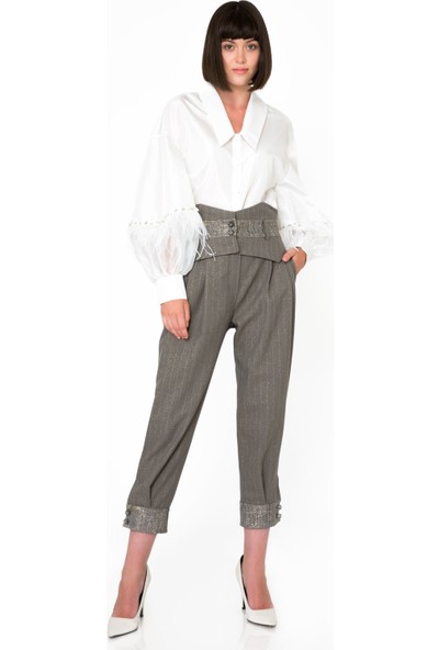 GIZIA Metalik Kumaş Detaylı Havuç Kesim Gri Pantolon