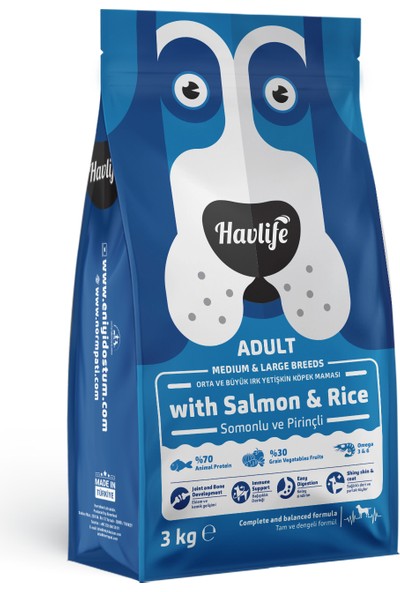 Havlife Somonlu ve Pirinçli Orta ve Büyük Irk Yetişkin Köpek Maması 3kg Havlife Somonlu ve Pirinçli Orta ve Büyük Irk Yetişkin Köpek Maması 3kg
