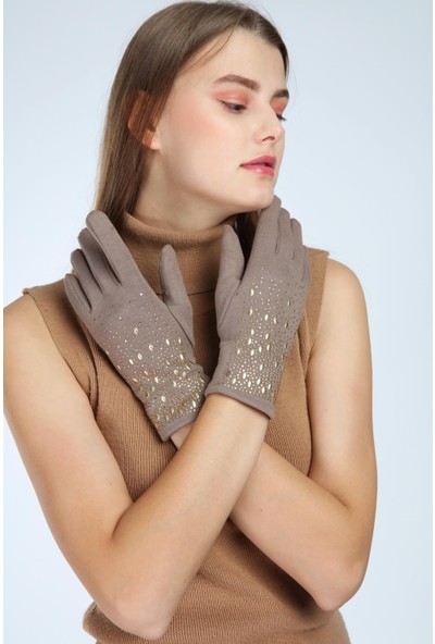 Luisido Kadın Bej Pirinç Taş Detaylı Dokunmatik Parmak Içi Polarlı Eldiven