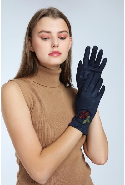 Luisido Kadın Lacivert Gül Baskılı Dokunmatik Parmak Içi Polarlı Süet Eldiven Luisido Kadın Lacivert Gül Baskılı Dokunmatik Parmak Içi Polarlı Süet Eldiven