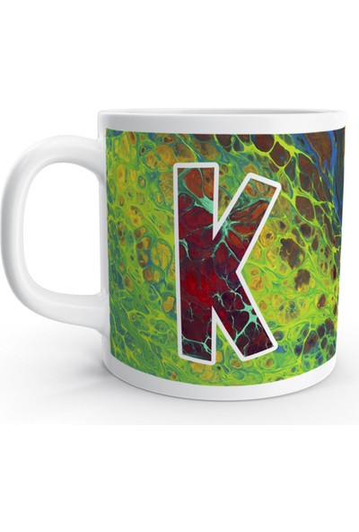 Rock'n Fox K Harfi Saykodelik Ebru Sanatı Psychedelic Renkli Harfli Kupa Bardak