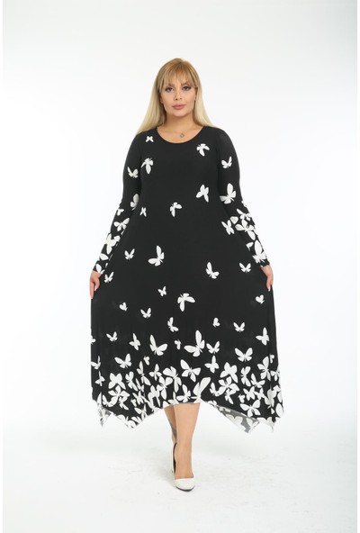 mezura Kadın Büyük Beden Uzun Kol Asimetrik Kesim Etek Viskon Kumaş Elbise