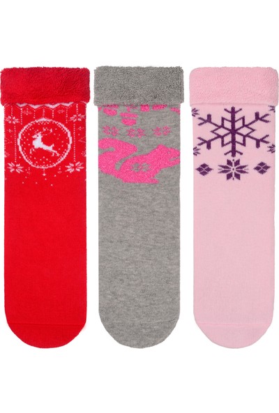 Bross 3'lü Kış Desenli Kaydırmaz Baskılı Havlu Çocuk Çorabı