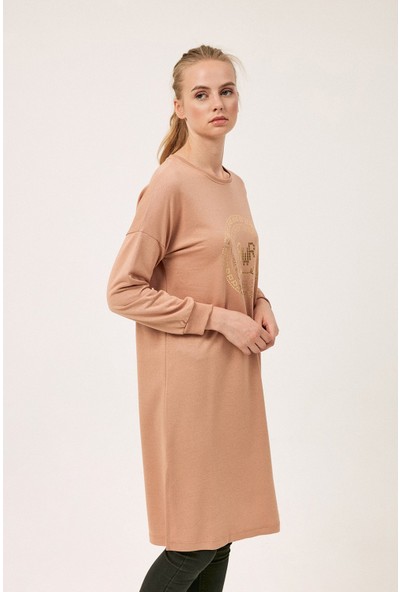 FullaModa Varak Baskılı Yanları Yırtmaçlı Tunik