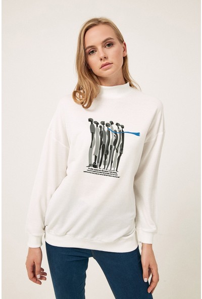 FullaModa Dik Yakalı Baskılı Sweatshirt